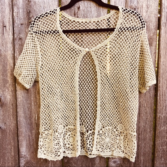 None | Sweaters | Light Sage Green Crocheted Open Weave Cardigan L ...